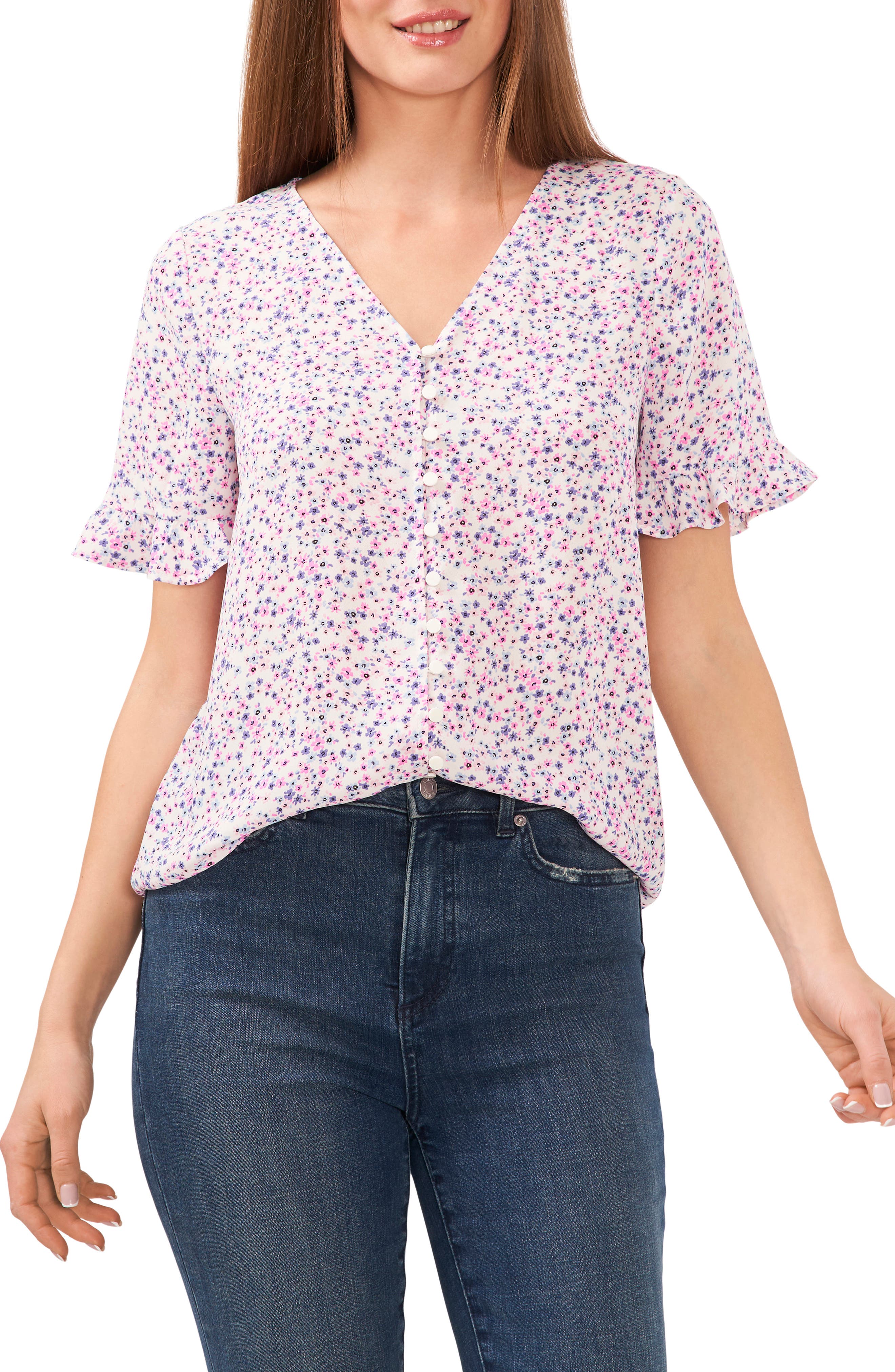 CeCe Floral Print Ruffle Cuff Blouse | Nordstrom
