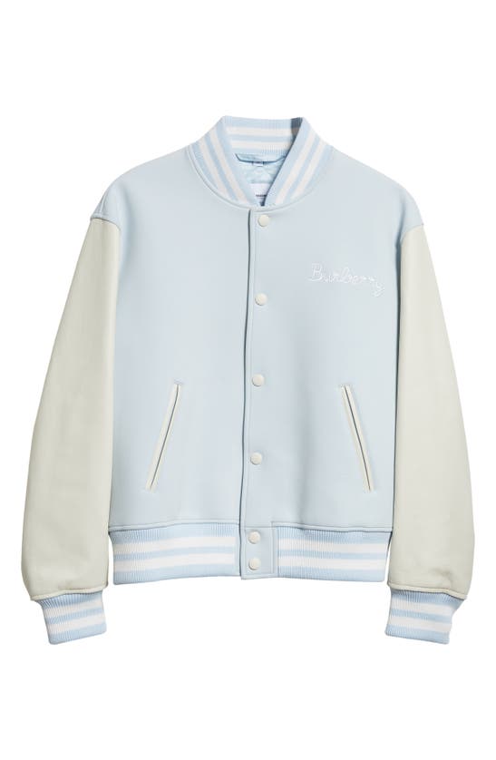 Burberry Globe-embroidery Jersey And Leather Varsity Jacket In Glacier ...