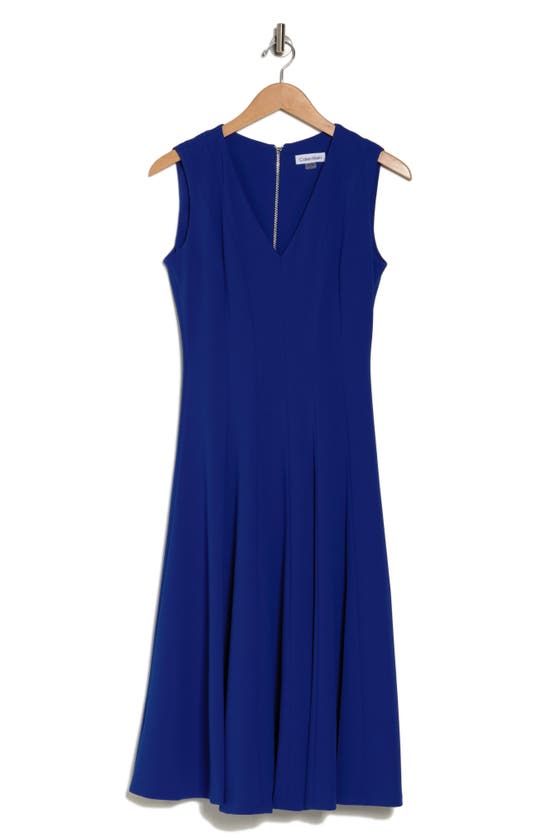 Calvin Klein V Neck Seamed Fit And Flare Midi Dress In Regatta Modesens
