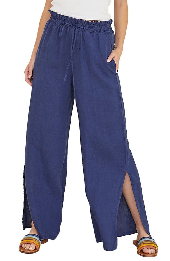 Bella Dahl Smocked Waist Side Slit Linen Wide Leg Pants In Blue | ModeSens