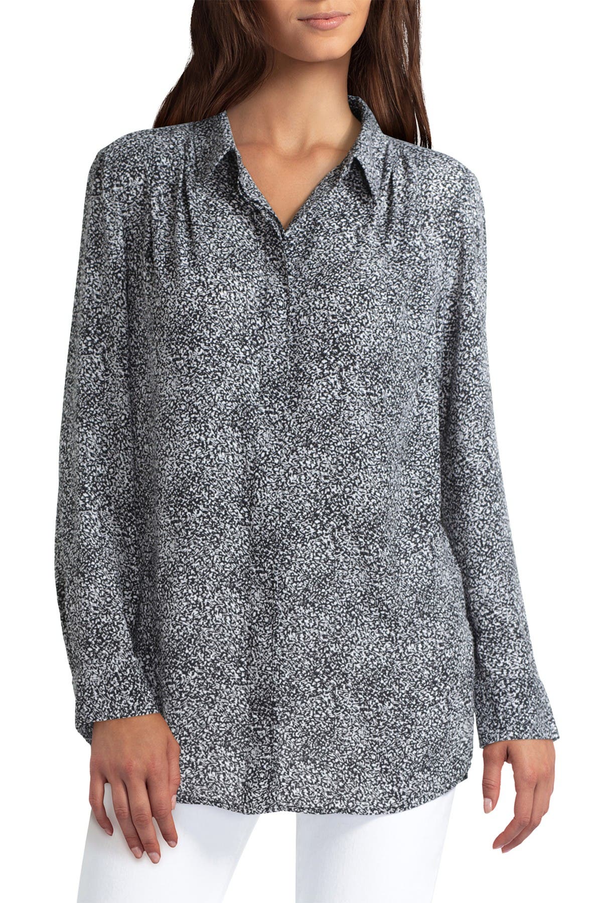 H Halston Long Sleeve Button Front Tunic Top In Splash Marks Black ...