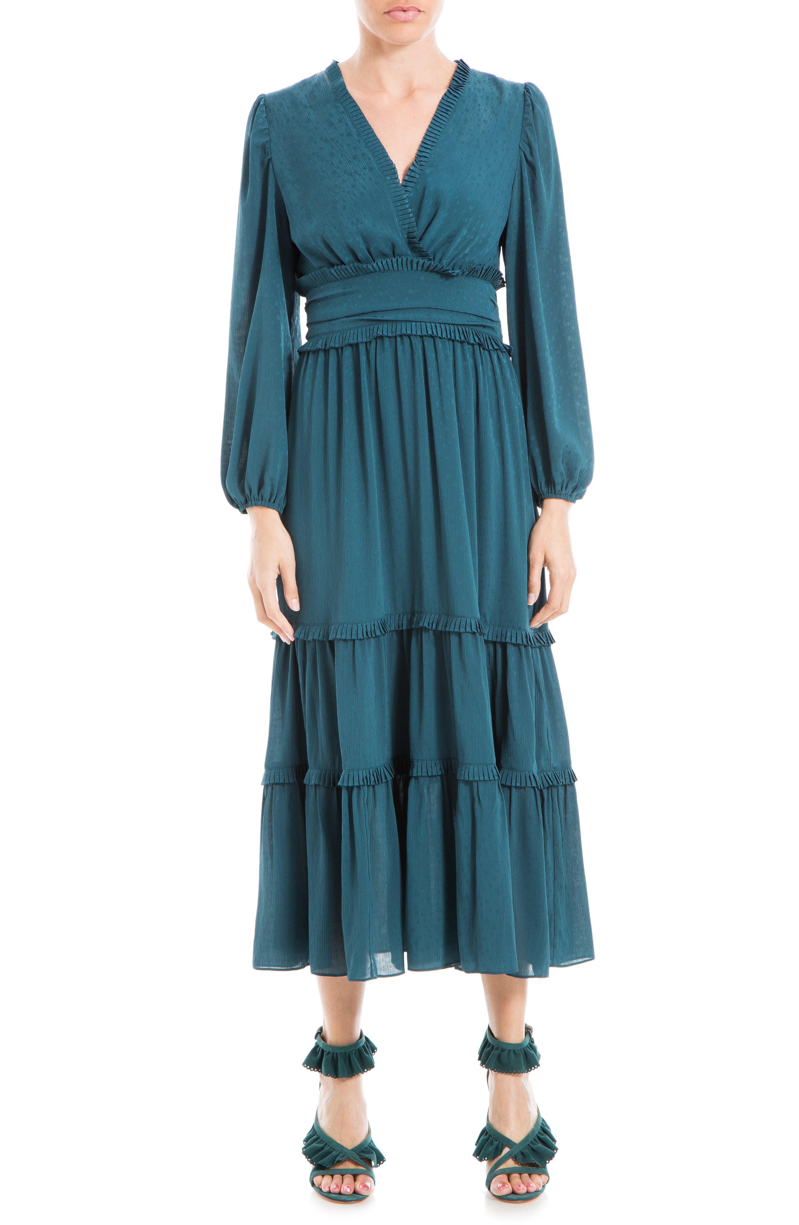 MAX STUDIO Long Sleeve Jacquard Satin Tiered Maxi Dress | Nordstromrack