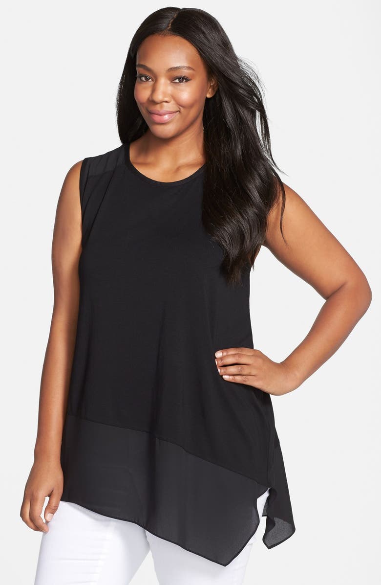 Vince Camuto Asymmetrical Hem Mixed Media Sleeveless Top Plus Size