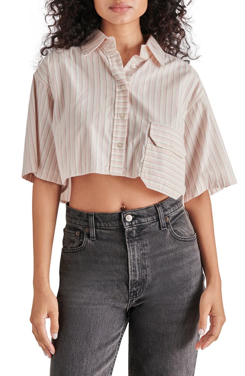 Steve Madden Tristan Stripe Oversize Crop Button-Up Shirt | Nordstrom