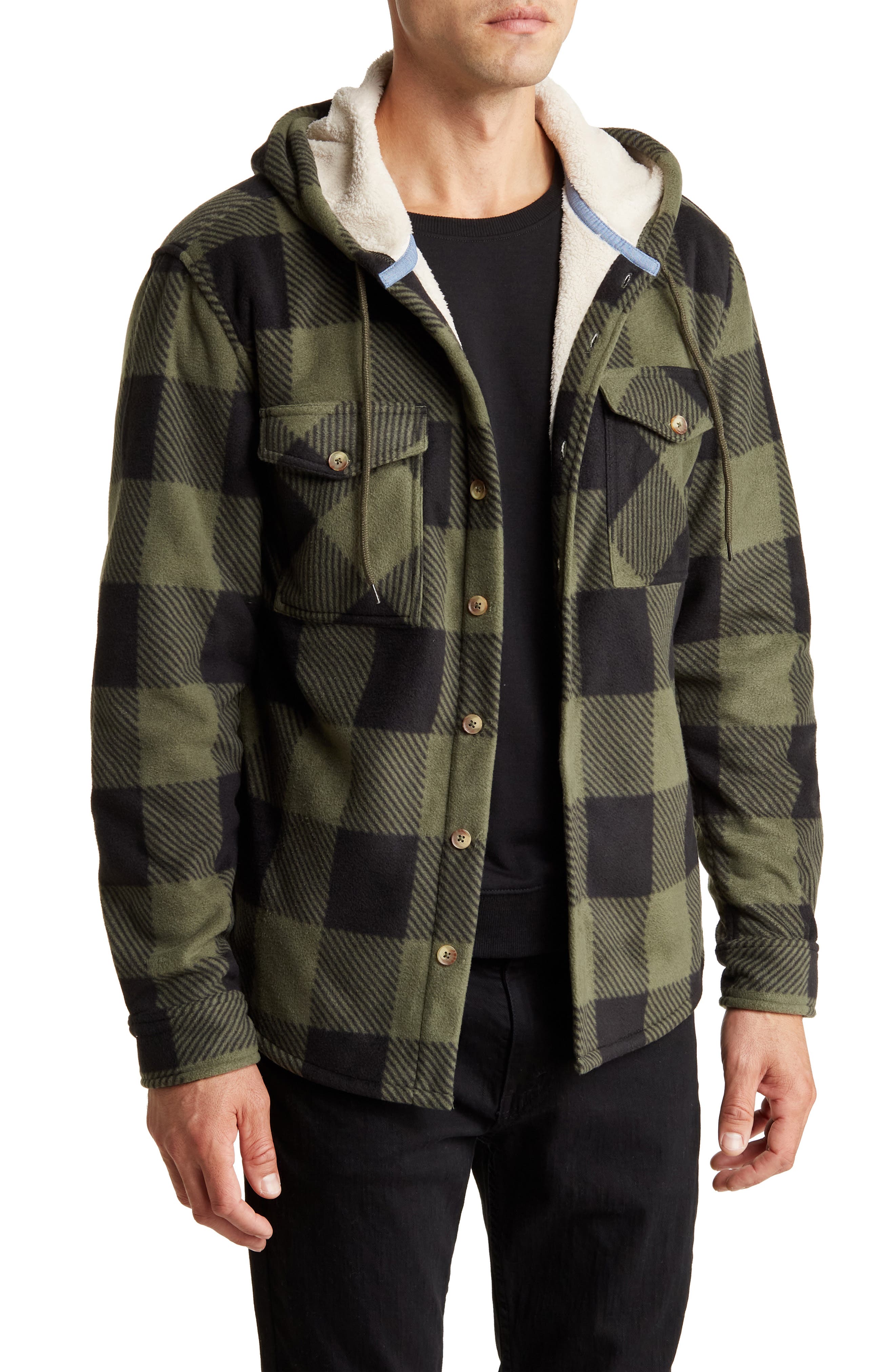VALOR Buffalo Plaid Faux Shearling Lined Hooded Fleece Shirt Jacket ...