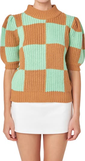 English Factory Check Pattern Short Sleeve Shaker Stitch Sweater ...