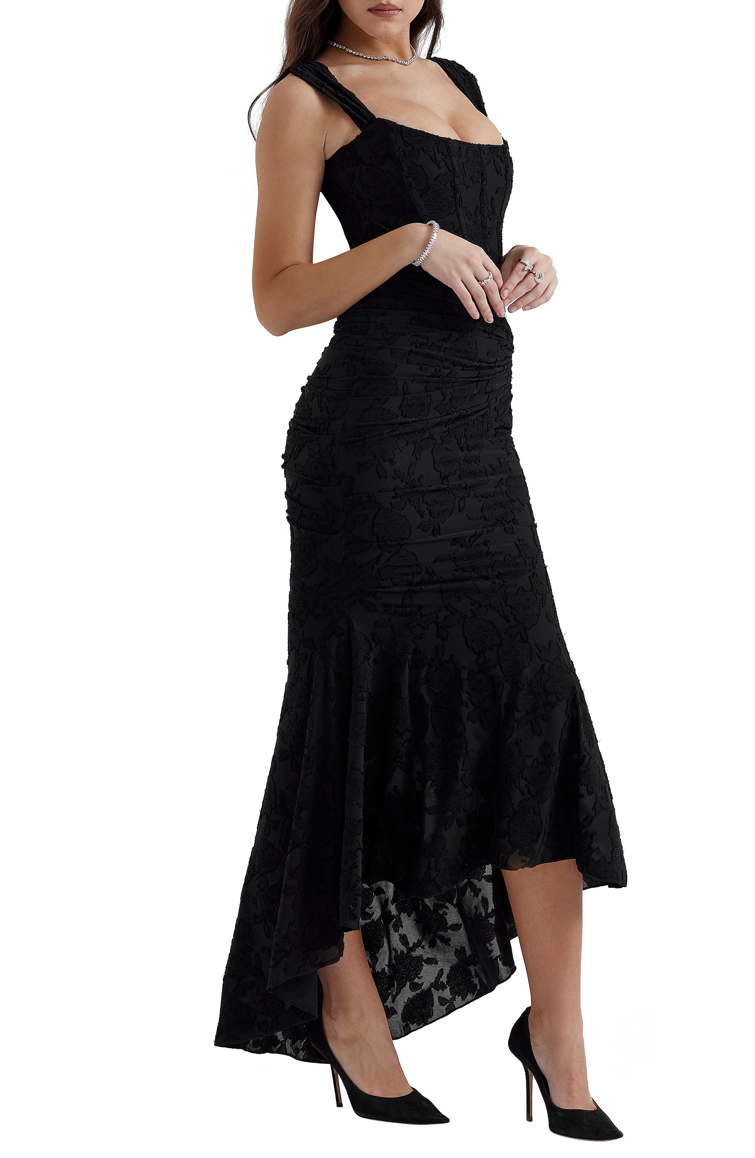 HOUSE OF CB Cesca Floral Ruched High-Low Corset Dress | Nordstrom