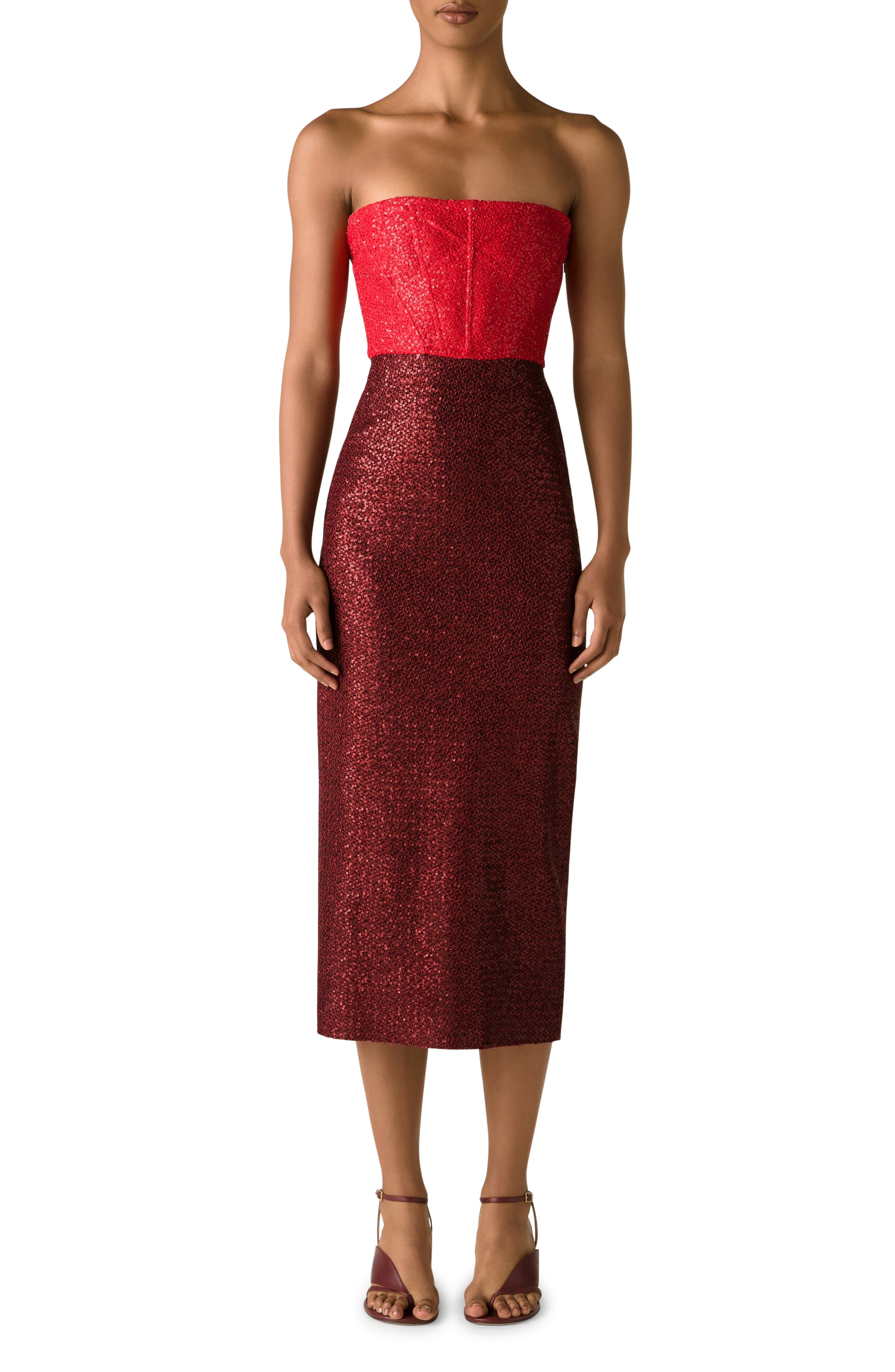St. John Evening Strapless Colorblock Sequin Midi Dress | Nordstrom