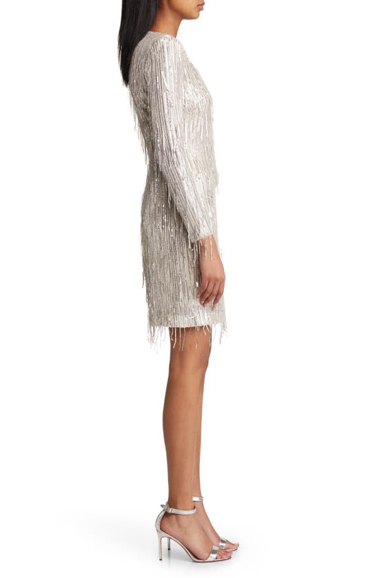 Eliza J Sequin Fringed Long Sleeve Cocktail Dress In Silver Modesens