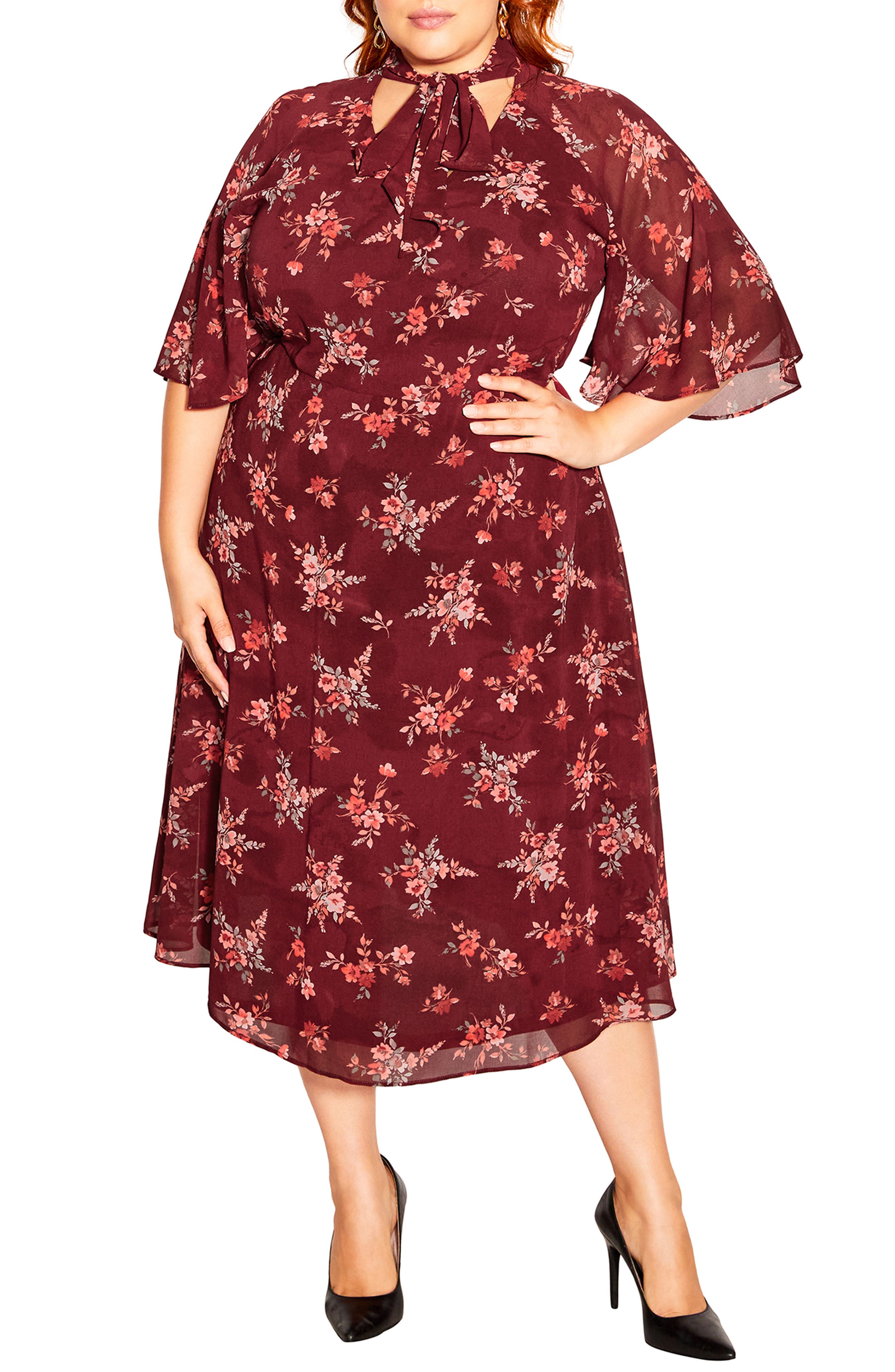 City Chic Alexandra Floral Tie Neck Midi Dress | Nordstrom