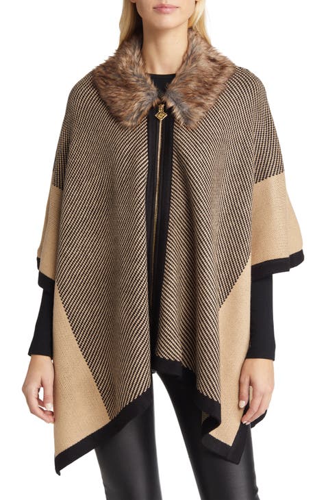 Nordstrom Cashmere Cape Brown Striped Knit One Size Arm Holes Sweater ...