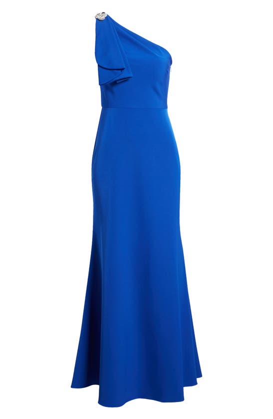 Eliza J Crystal Drape Detail One-shoulder Gown In Cobalt | ModeSens