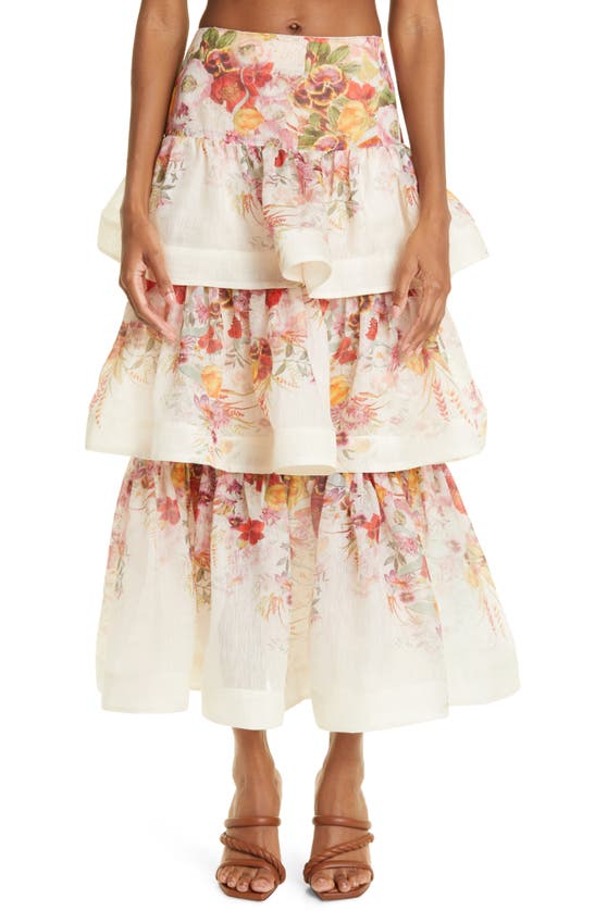 Zimmermann Wonderland Tiered Floral Print Linen And Silk Blend Midi
