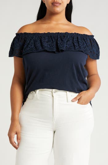 Caslon® Eyelet Ruffle Off the Shoulder Organic Cotton Top | Nordstrom