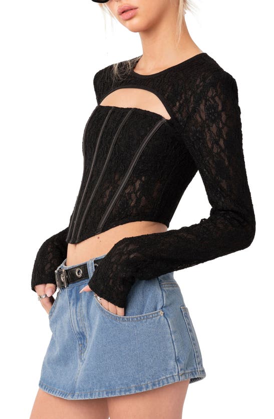 Edikted Vienna Long Sleeve Cutout Lace Corset Top In Black | ModeSens