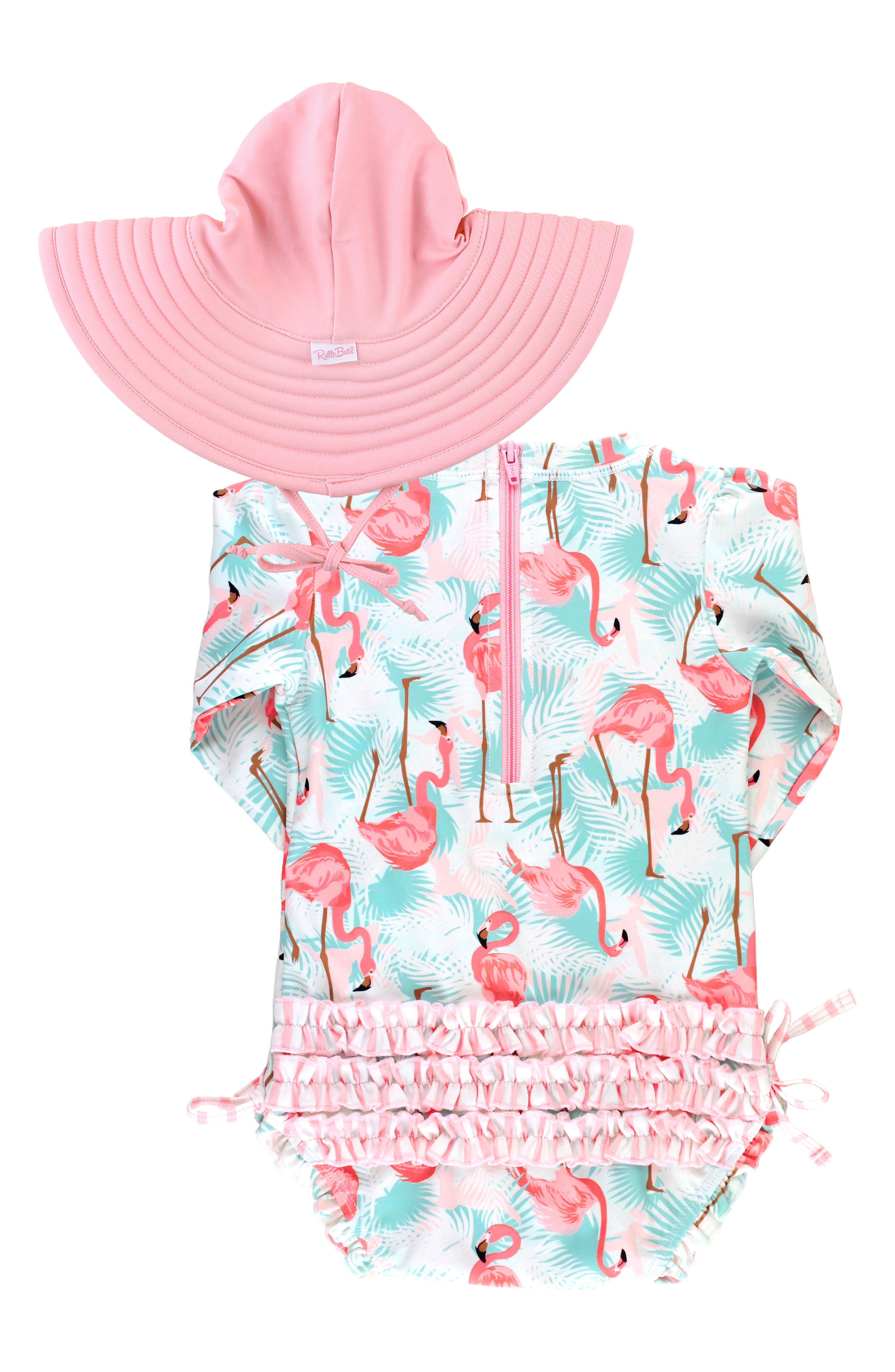 RuffleButts Vibrant Flamingo One-Piece Rashguard Swimsuit & Hat Set ...