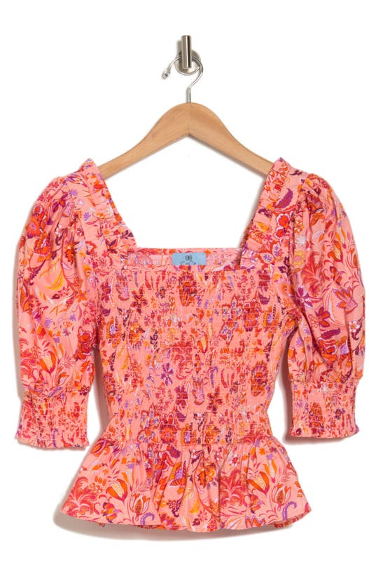 Cece Short Puff Sleeve Smocked Top In Peach/ Pink/ Orange | ModeSens