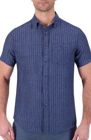 Report Collection Novelty Short Sleeve Stripe Linen Button-Down Shirt ...