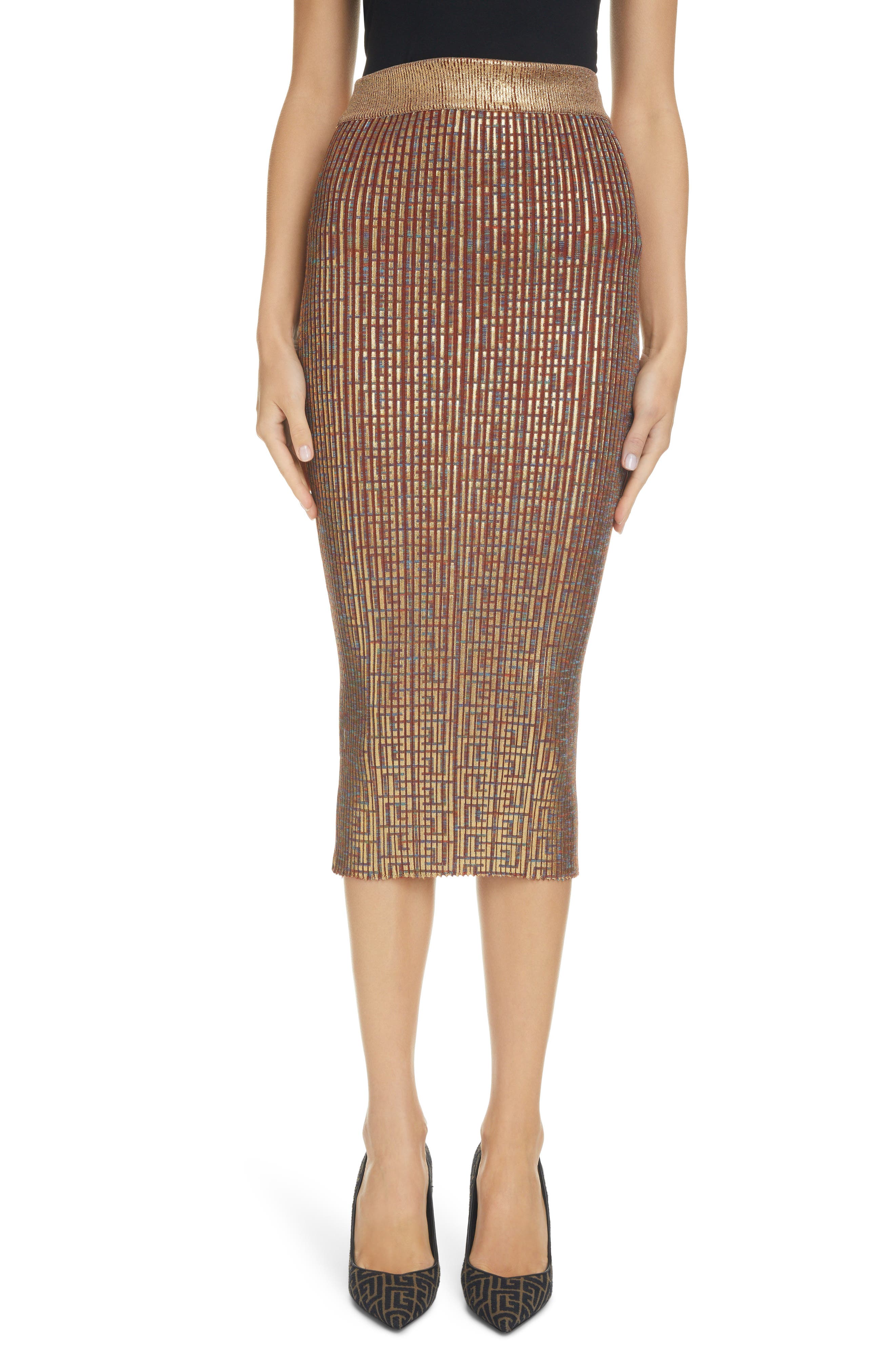 Balmain Laminated Monogram Rib Skirt | Nordstrom