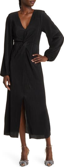 FLORET STUDIOS V-Neck Long Sleeve Plissé Midi Dress | Nordstromrack