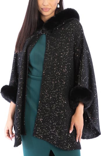 SAACHI Stars Faux Fur Trim Hooded Ruana | Nordstromrack