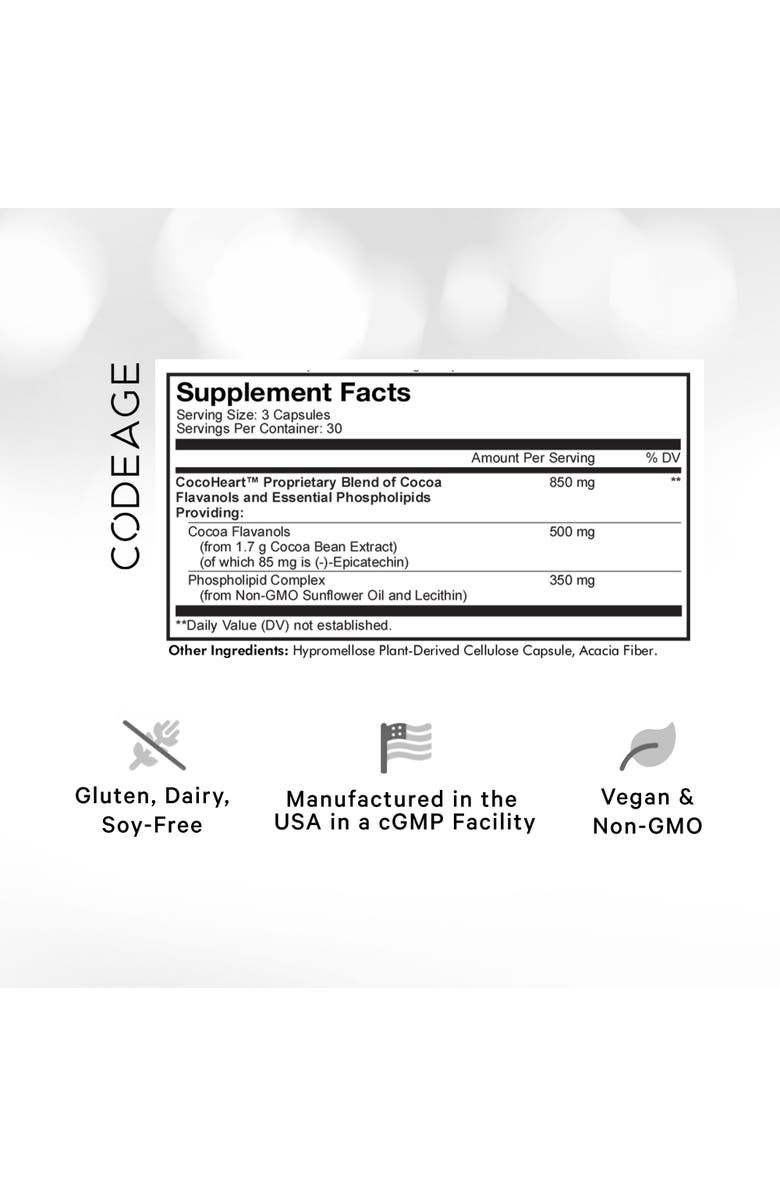 Codeage Liposomal Cocoa Flavanols, Cocoa Beans, Epicatechin, Acacia Fiber, Phospholipids, 90 ct ...