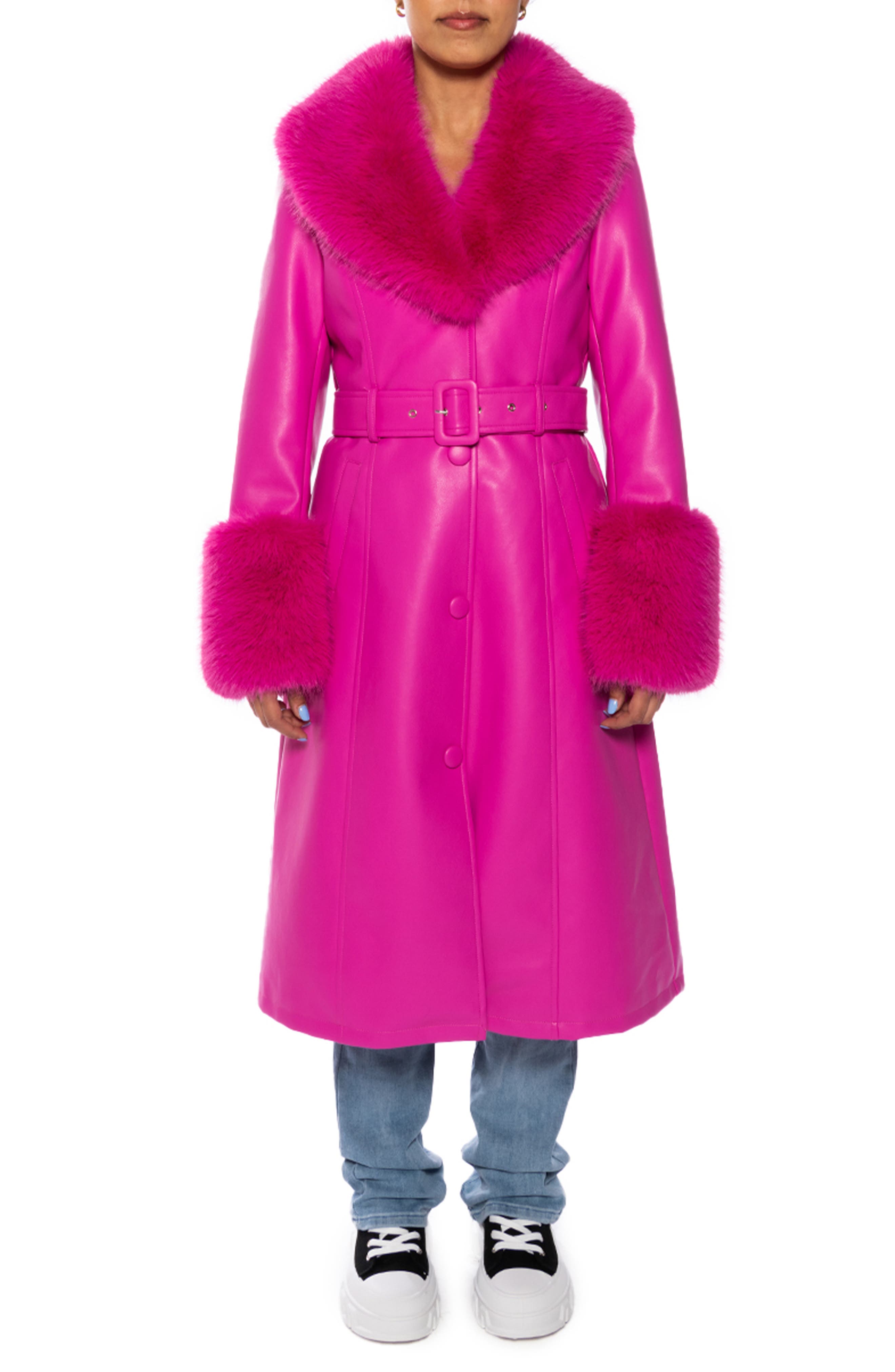 AZALEA WANG Belted Faux Fur Trim Faux Leather Trench Coat in Pink | Smart Closet