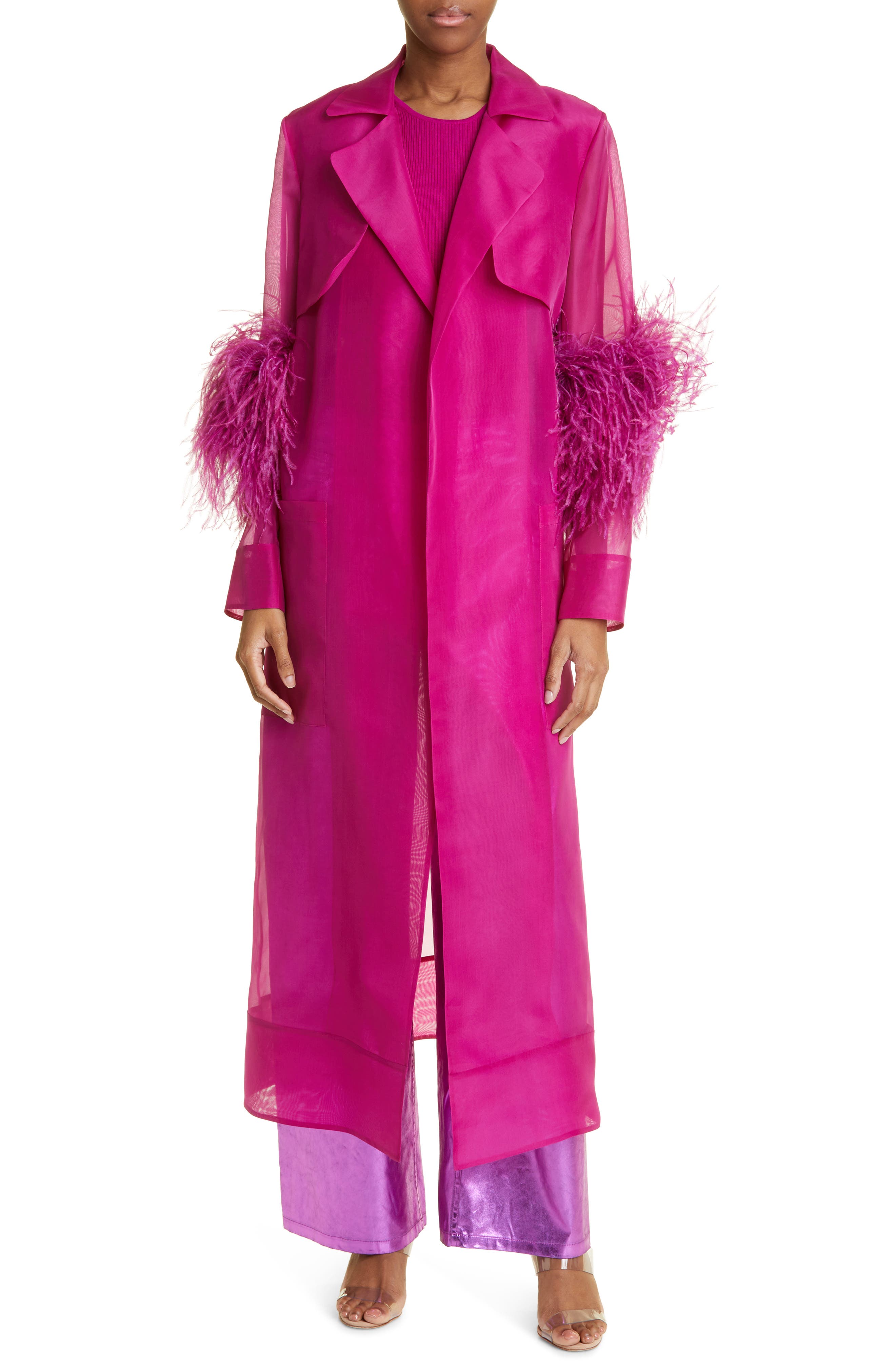 LAPOINTE Ostrich Feather Trim Silk Organza Duster | Nordstrom
