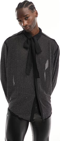ASOS DESIGN Rhinestone Tie Neck Hidden Placket Shirt | Nordstrom