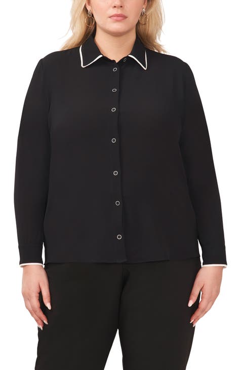 Piped Button-Up Blouse (Plus Size)