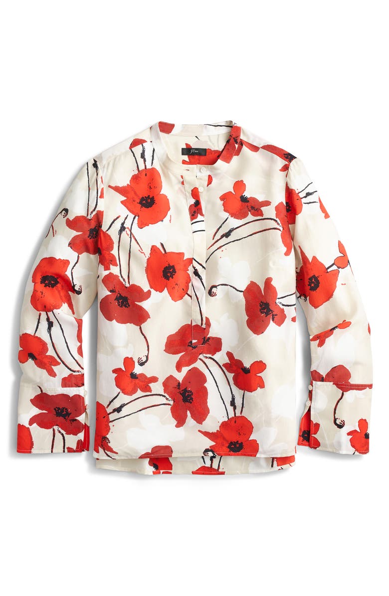 J Crew Poppy Print Band Collar Popover Silk Tunic Regular And Plus Size