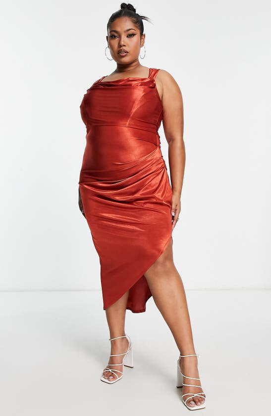Asos Design Curve Satin Drape Corset Midi Dress In Rust-multi | ModeSens
