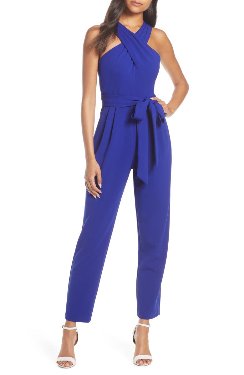 Eliza J Cross Neck Belted Crepe Jumpsuit Nordstrom