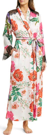 KILO BRAVA Floral Lace Trim Satin Robe | Nordstrom