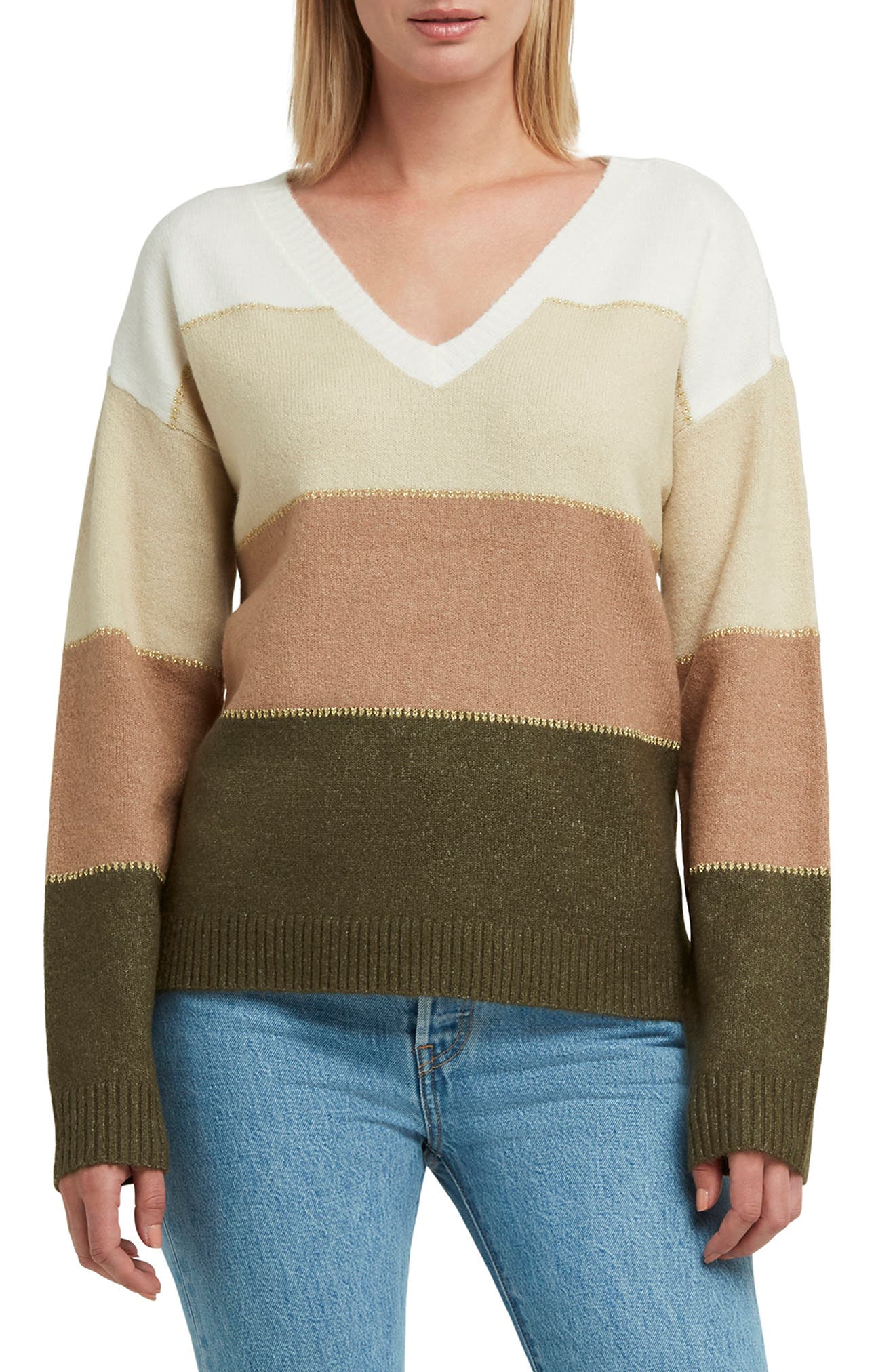 H HALSTON Stripe V-Neck Pullover Sweater | Nordstromrack