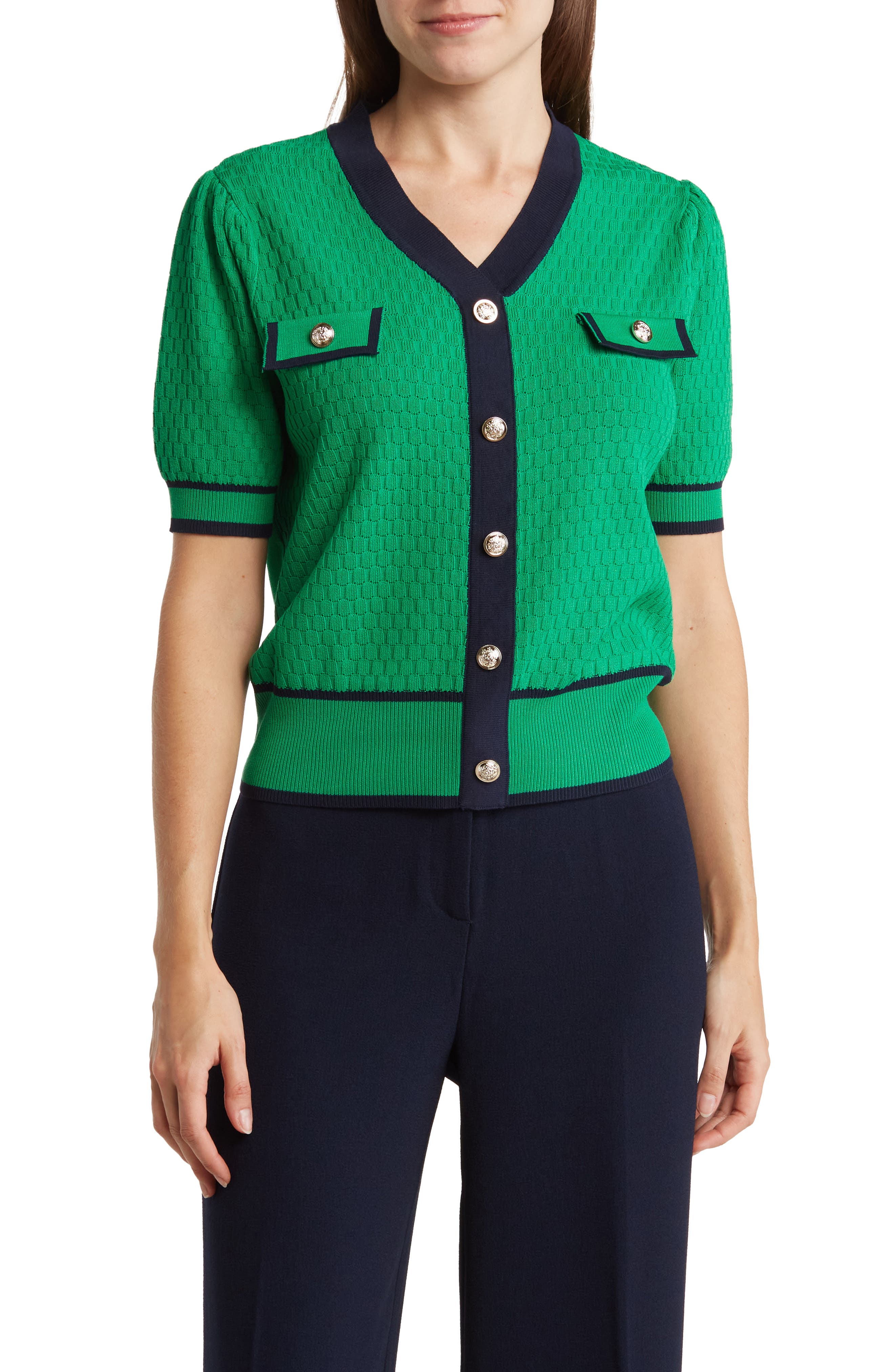 Nanette Lepore Pointelle Colorblock Short Sleeve Sweater | Nordstromrack