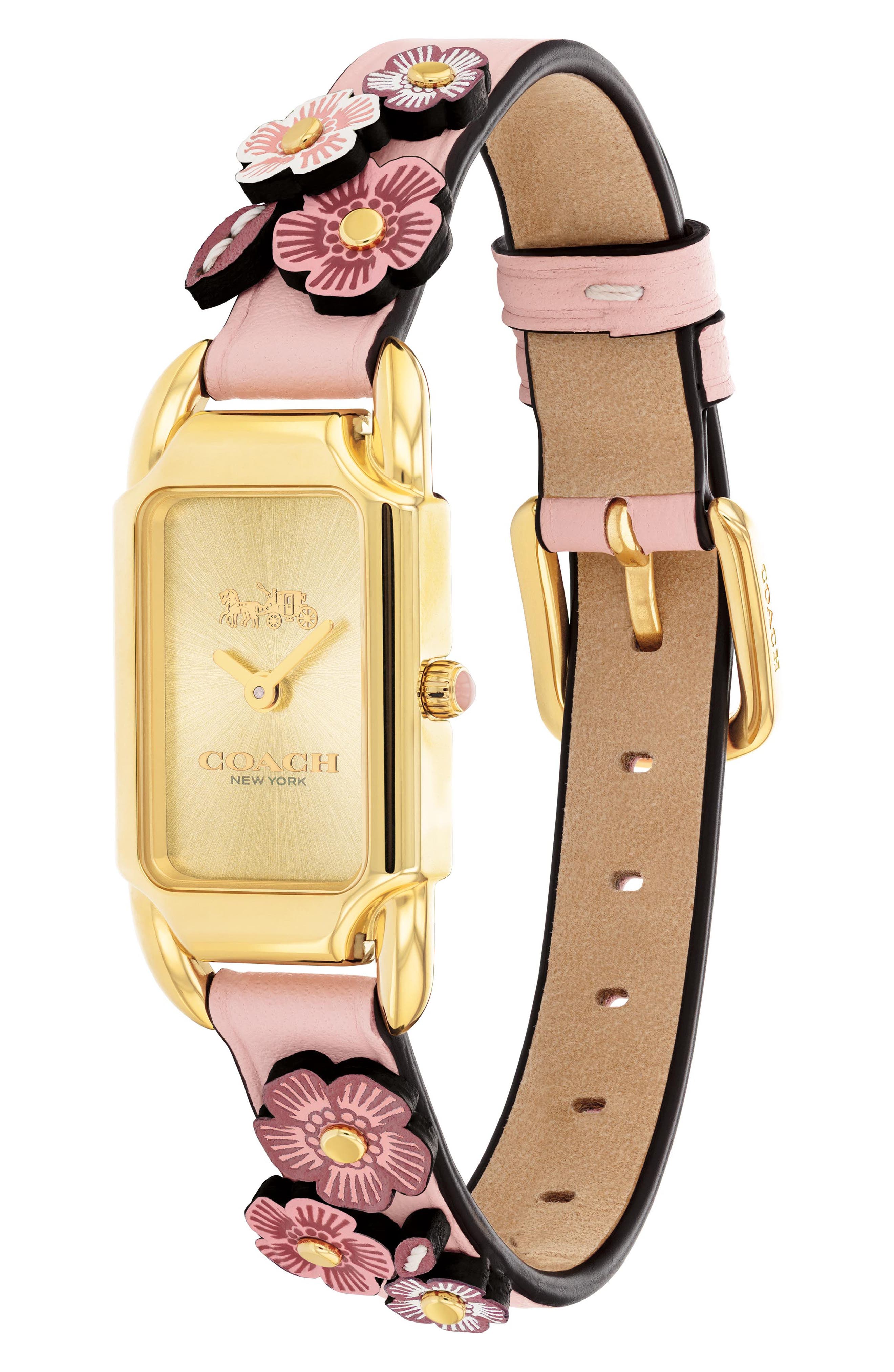COACH Cadie Rectangular Floral Leather Strap Watch, 17.5mm x 28.5mm ...