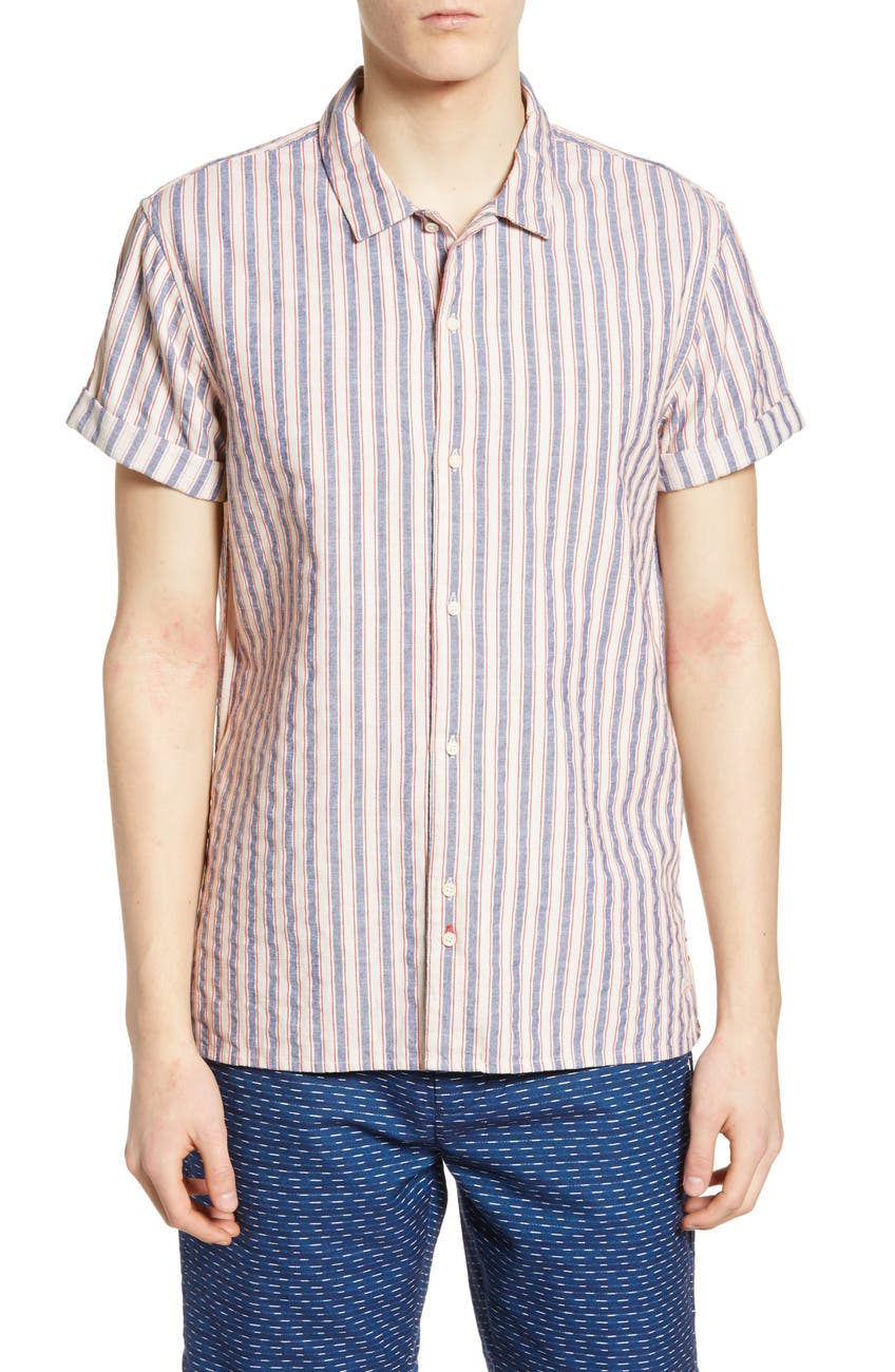 Scotch And Soda Structured Stripe Short Sleeve Slim Fit Shirt