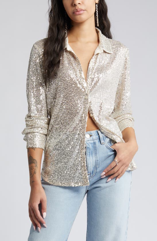 Open Edit Sequin Button-up Shirt In Silver | ModeSens