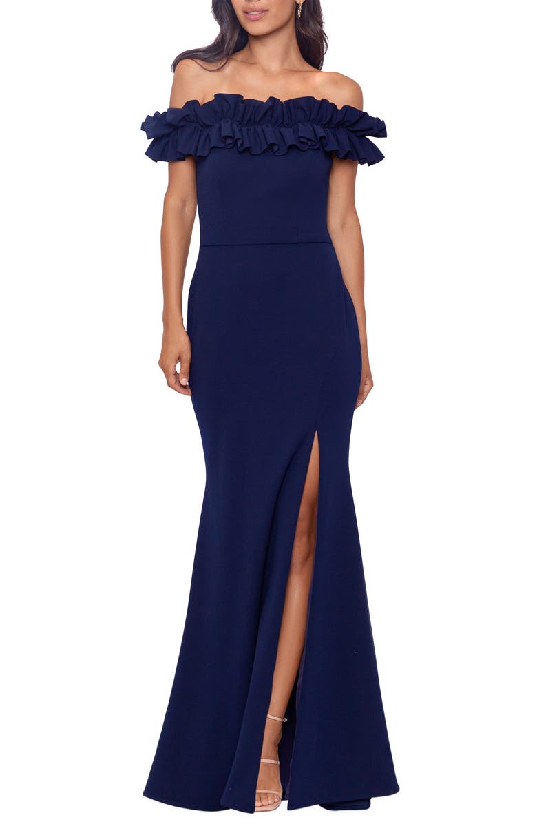 Xscape Evenings Off the Shoulder Ruffle Crepe Trumpet Gown | Nordstrom