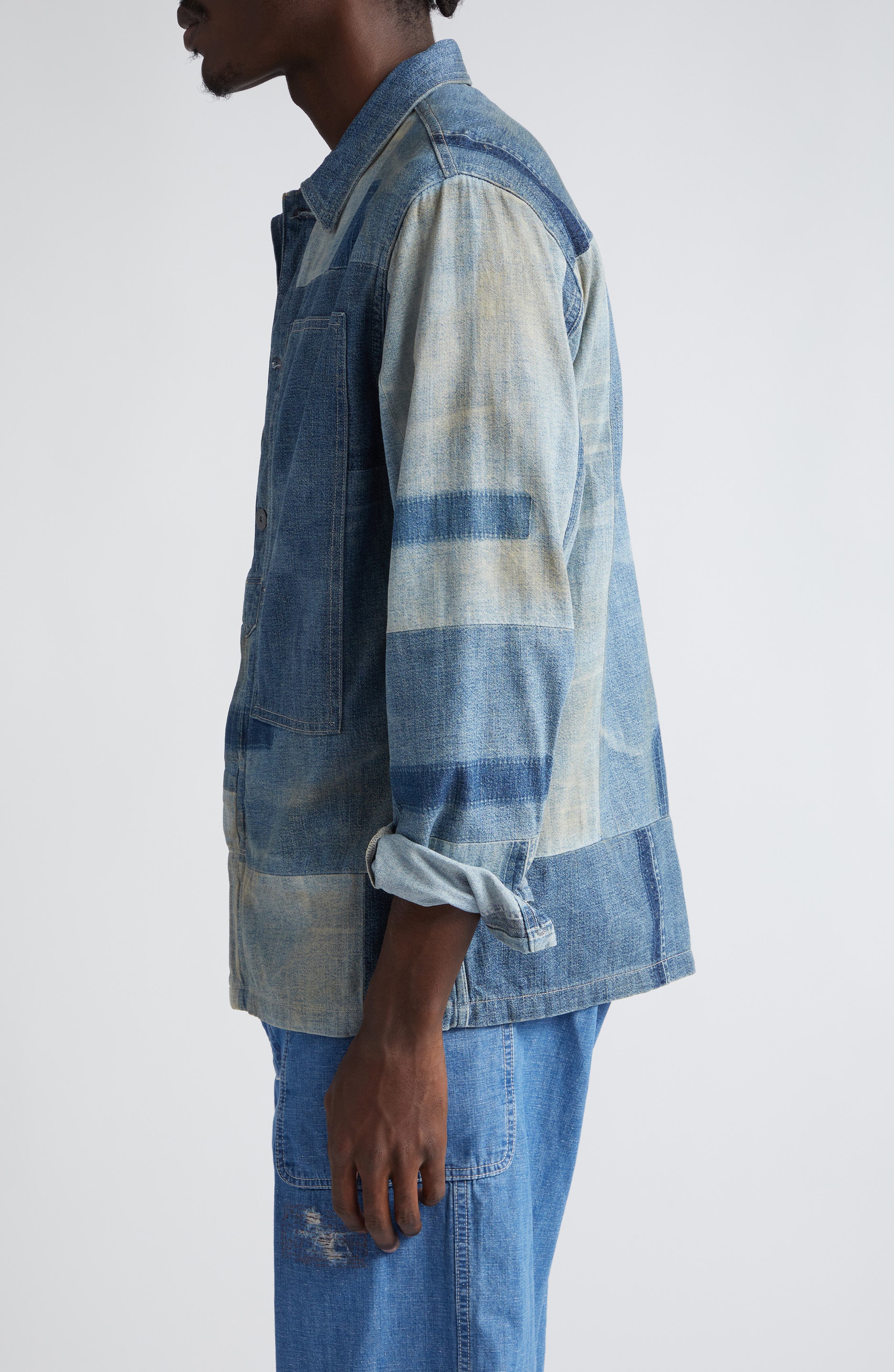 Double RL Patchwork Denim Button-Up Overshirt in Indigo | Smart Closet