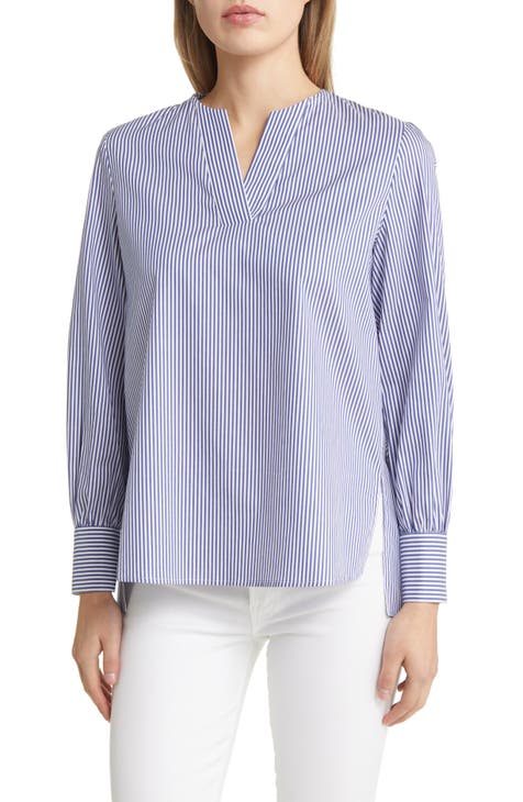 Stripe High-Low Cotton Popover Top