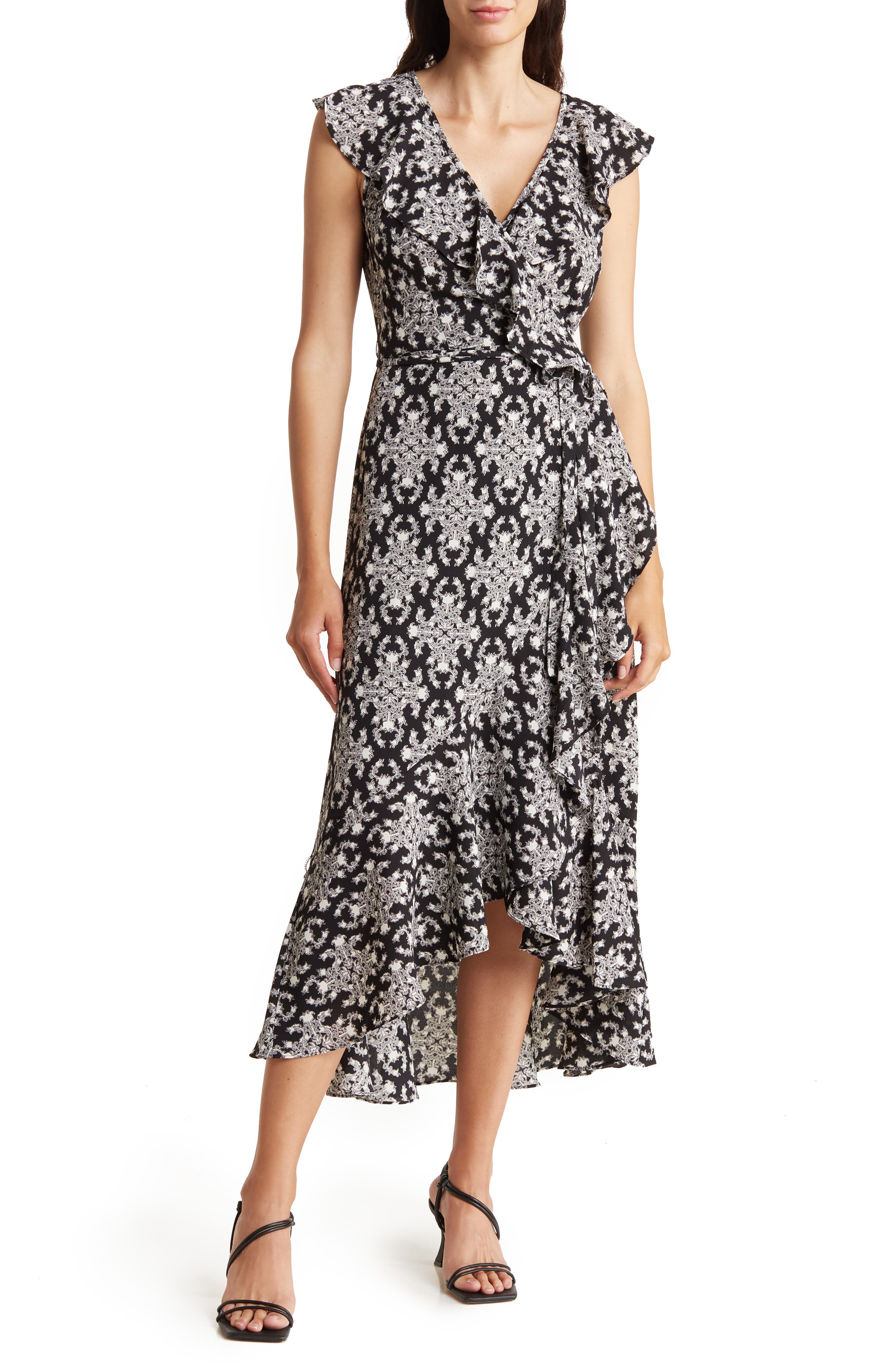 MAX STUDIO Patterned Ruffle Wrap Midi Dress | Nordstromrack