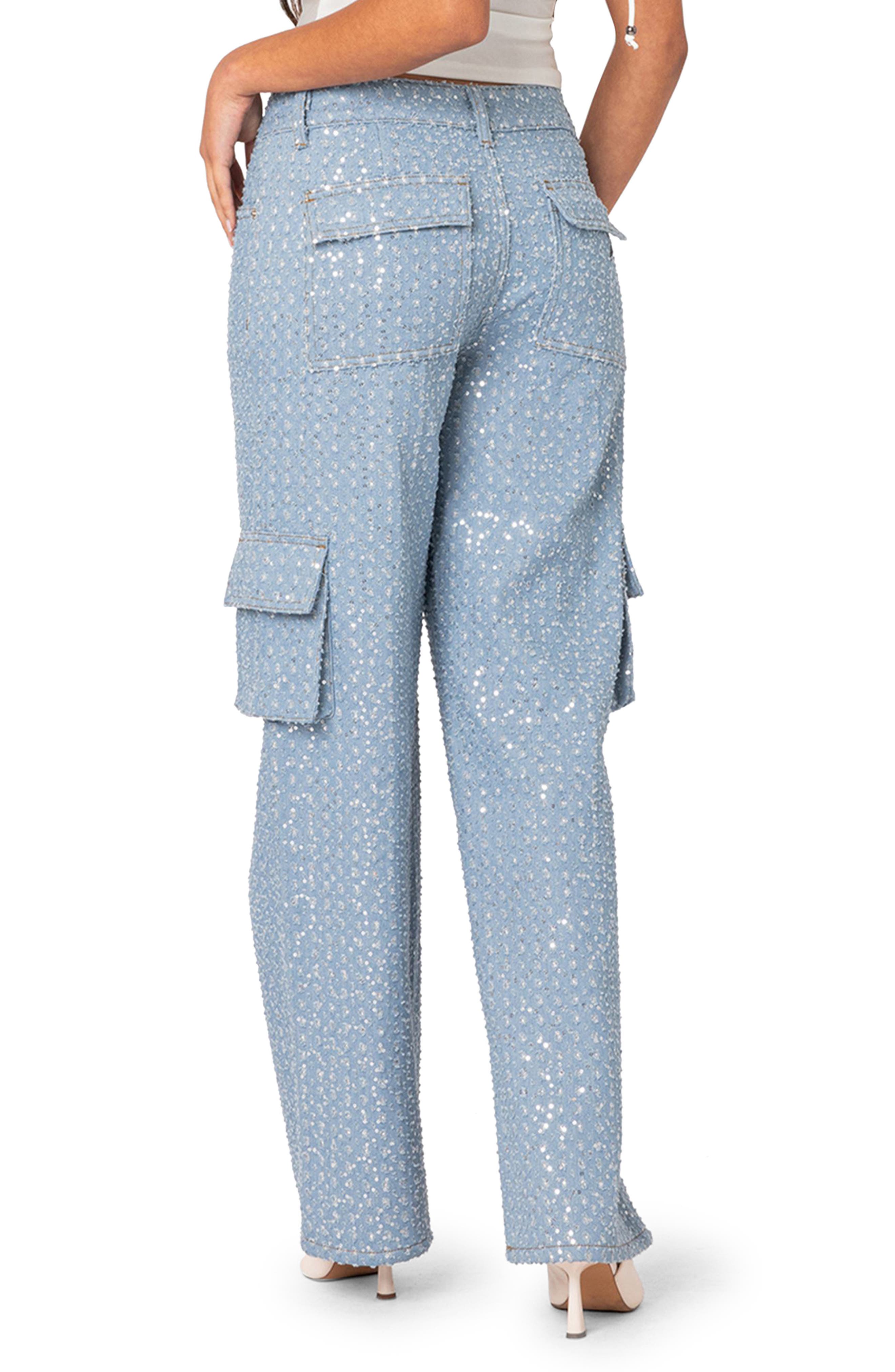 EDIKTED Icing Sequin Low Rise Cargo Jeans in Light-Blue | Smart Closet