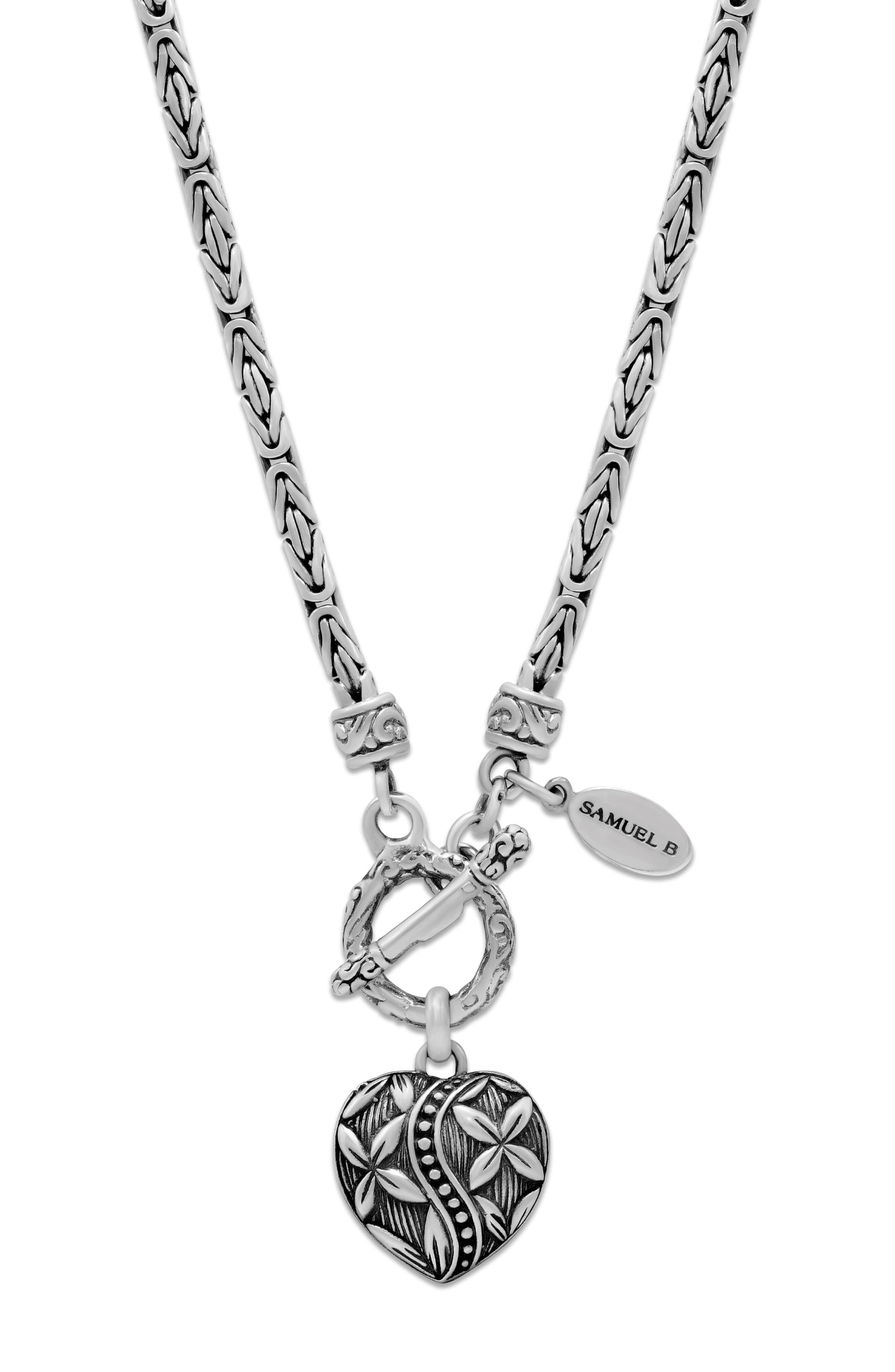 SAMUEL B. Sterling Silver Byzantine Chain Heart Pendant Toggle Necklace ...