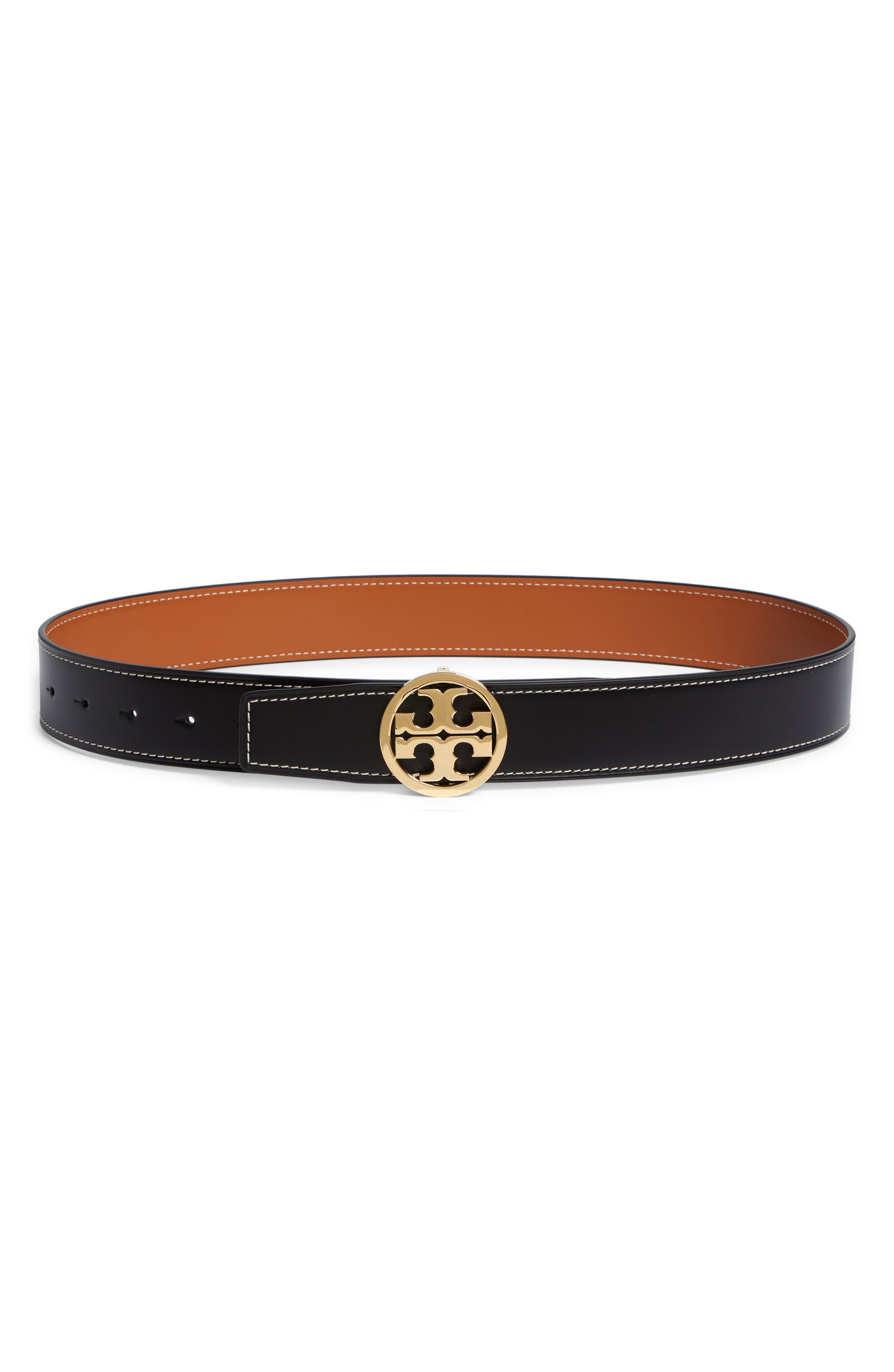 Tory Burch Miller Reversible Logo Belt In Black/malt Whiskey | ModeSens