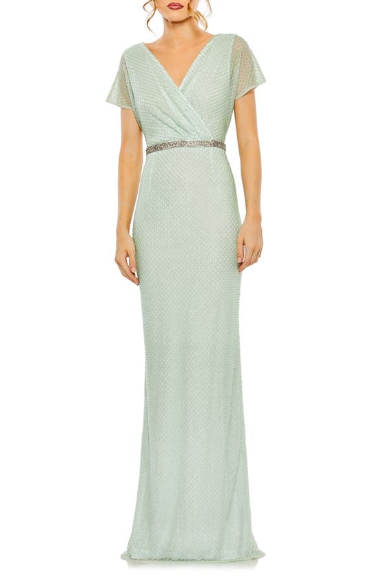 Mac Duggal Beaded Surplice Neck Gown In Sage Modesens