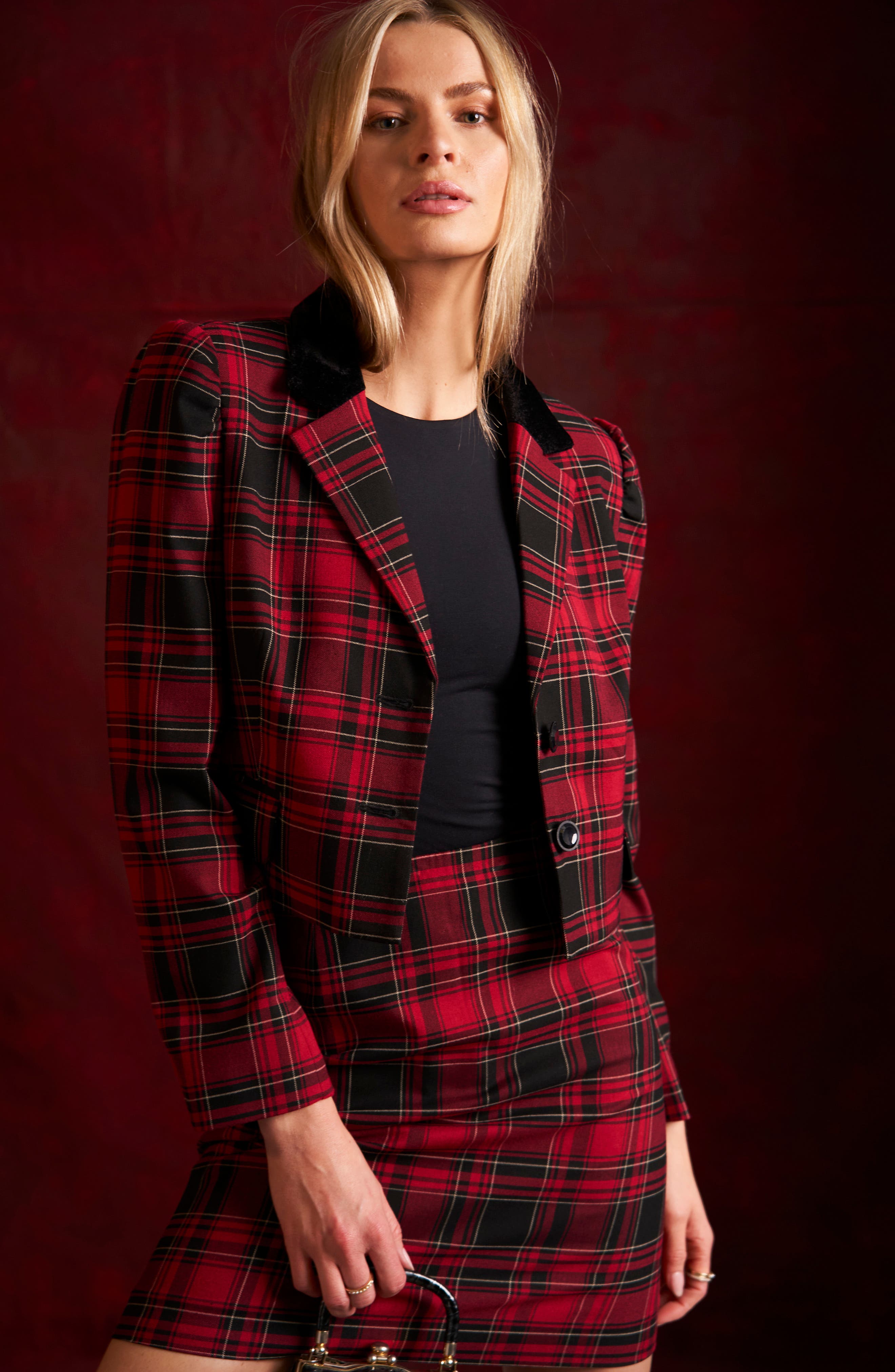 CeCe Plaid Puff Shoulder Crop Blazer | Nordstrom