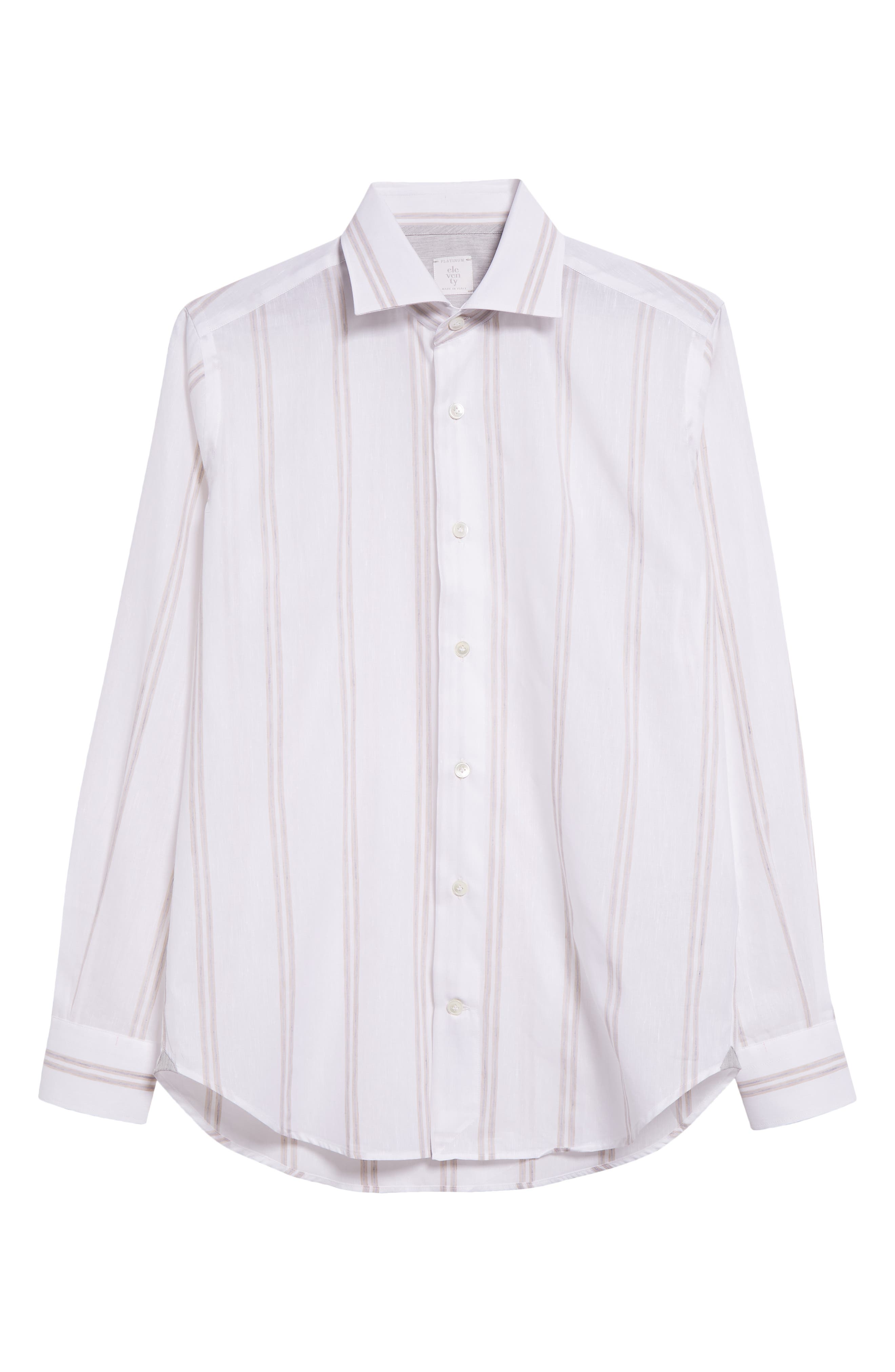 Eleventy Double Stripe Cotton & Linen Button-Up Shirt | Nordstrom