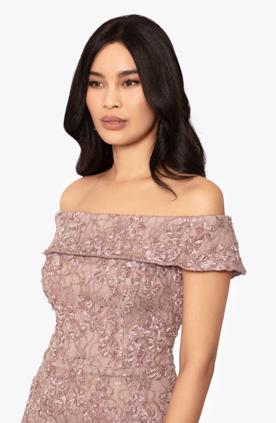 Xscape Embroidered Off The Shoulder Midi Cocktail Dress In Taupe | ModeSens